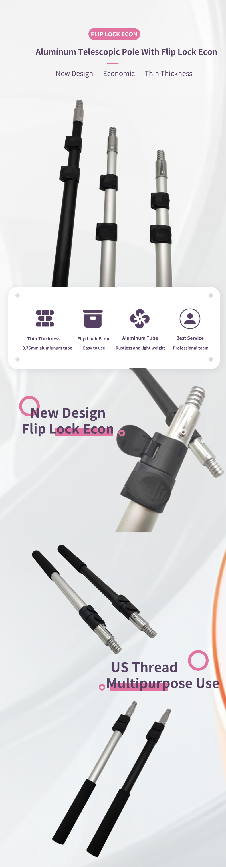 New Design 3 Sections Aluminium Telescoping Pole With Flip Lock Econ
